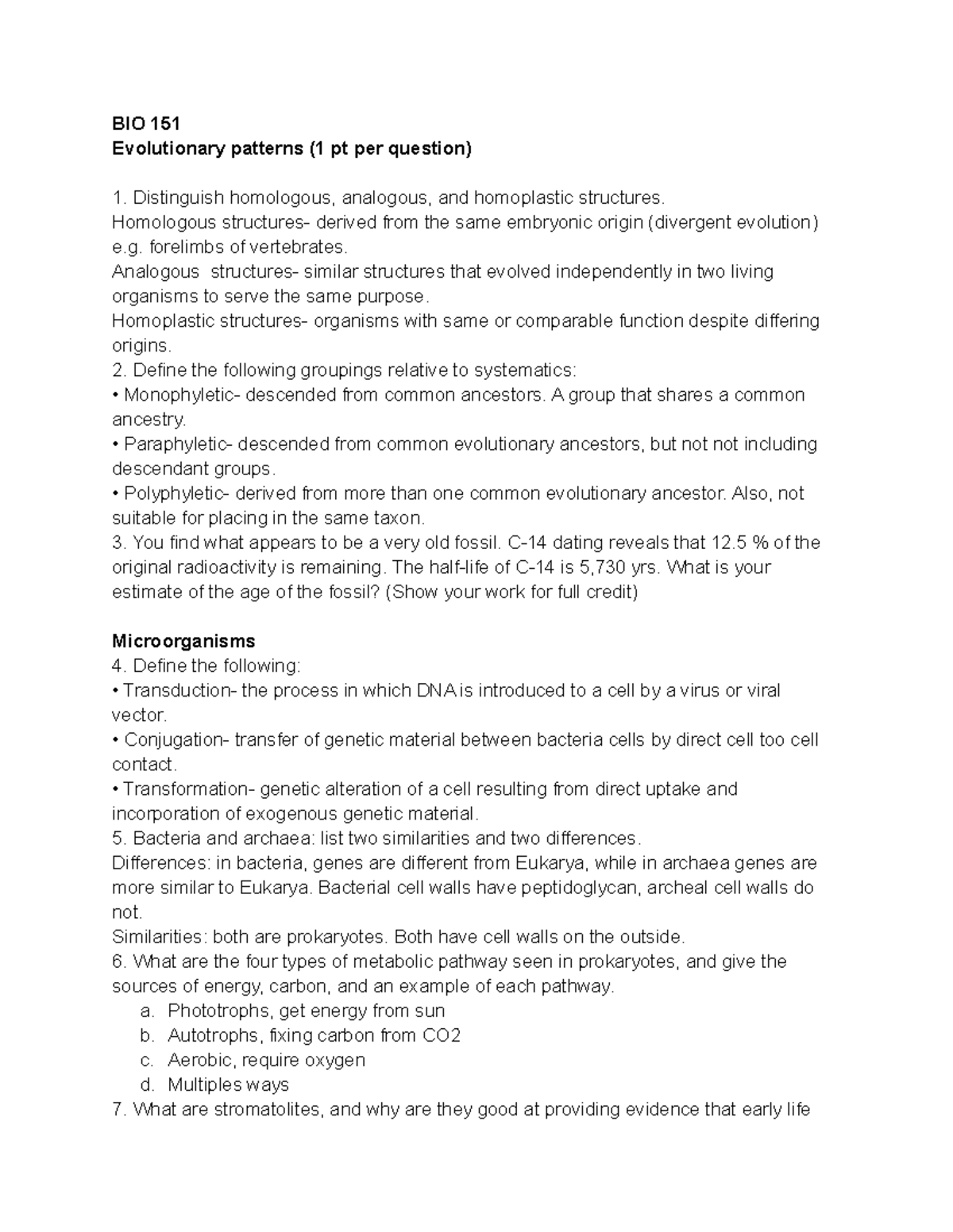 Bio 151 Evolutionary Patterns Hw Bio 151 Evolutionary Patterns 1 Pt