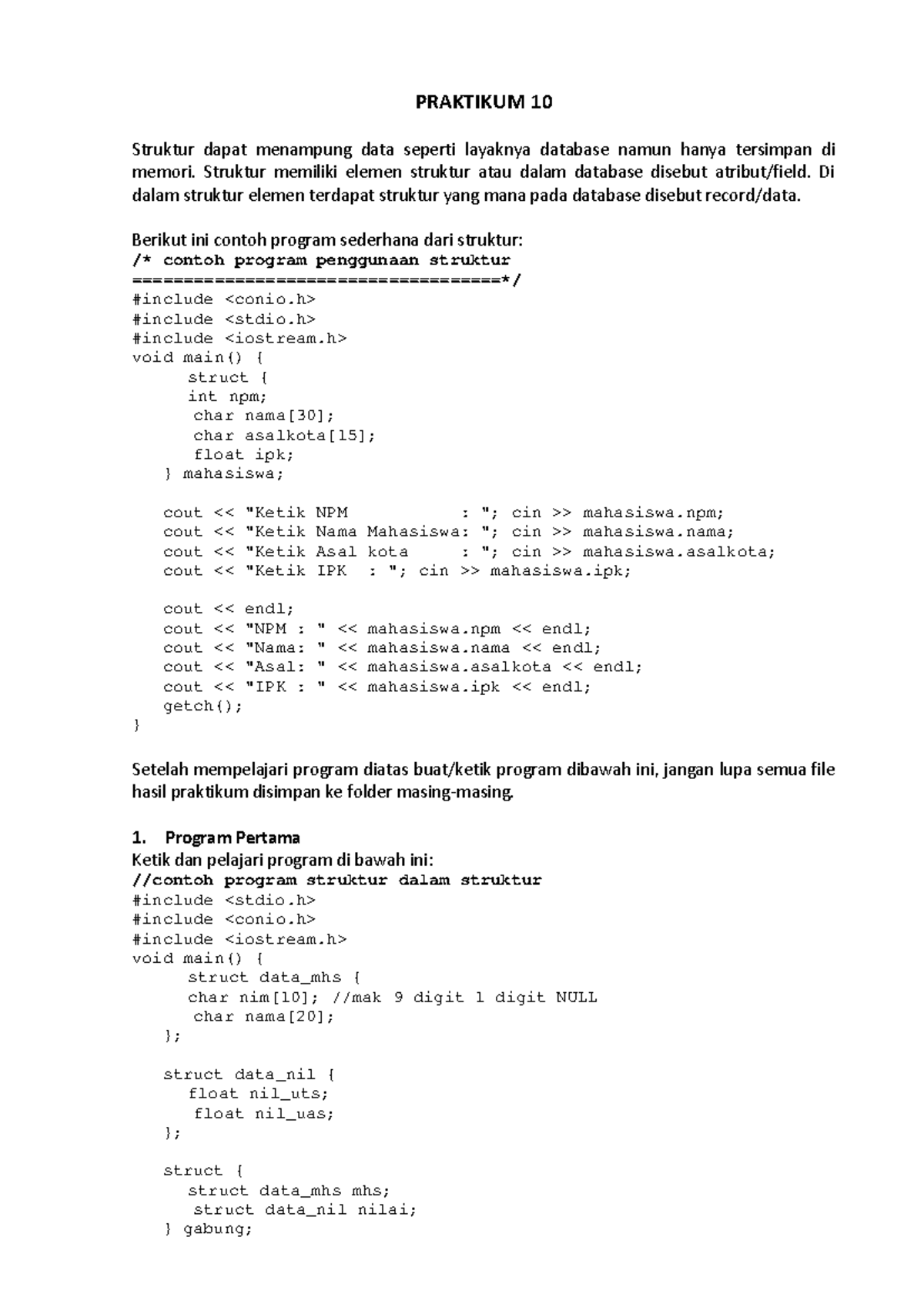Modul Praktikum Struktur Data Bagian 10 Struktur - /* contoh program ...