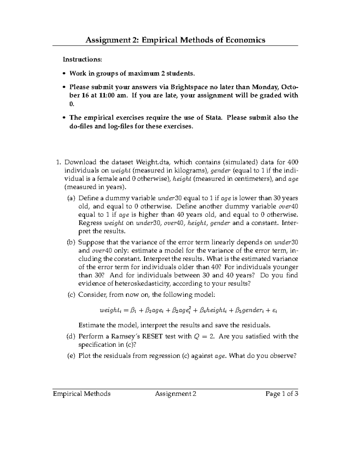 Assignment 2 Empirical Methods of Economics - Assignment 2: Empirical ...