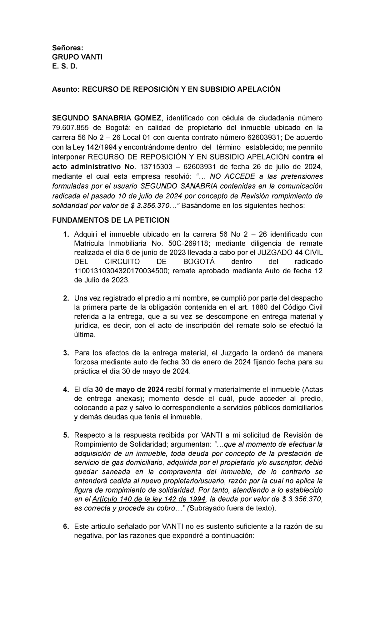 Recurso DE Reposicion Vanti - Señores: GRUPO VANTI E. S. D. Asunto ...