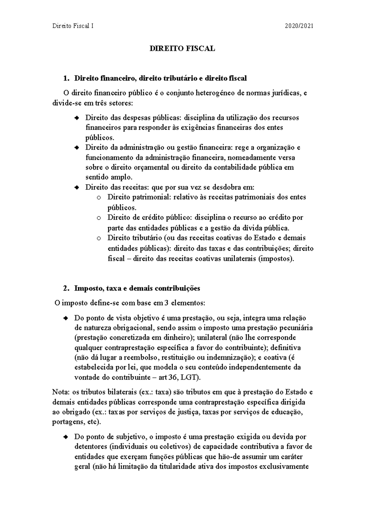 Resumos das aulas - DIREITO FISCAL Direito financeiro, direito ...