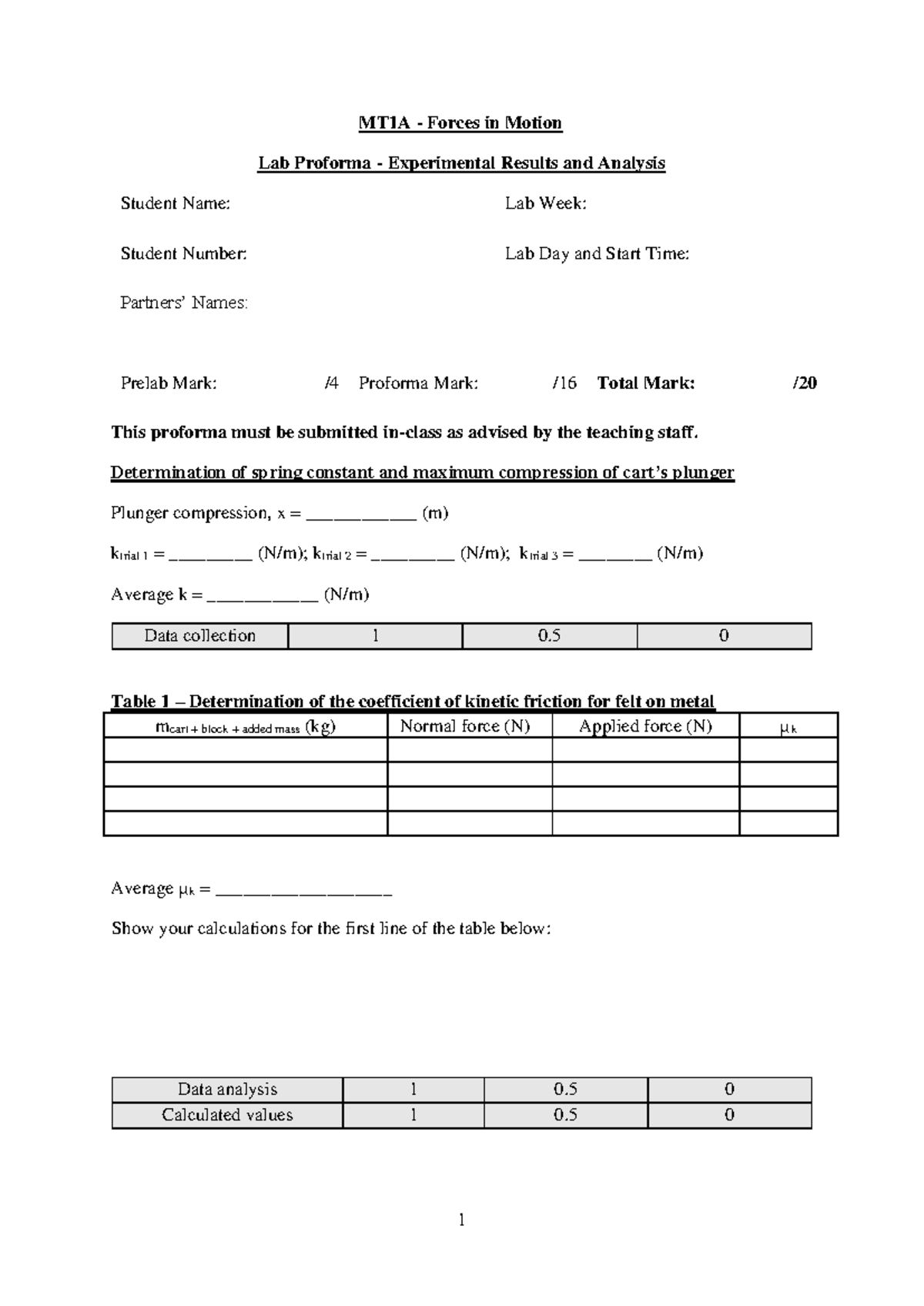 MT1A - Forces in Motion - proforma - MT1A - Forces in Motion Lab Proforma - Experimental Results ...