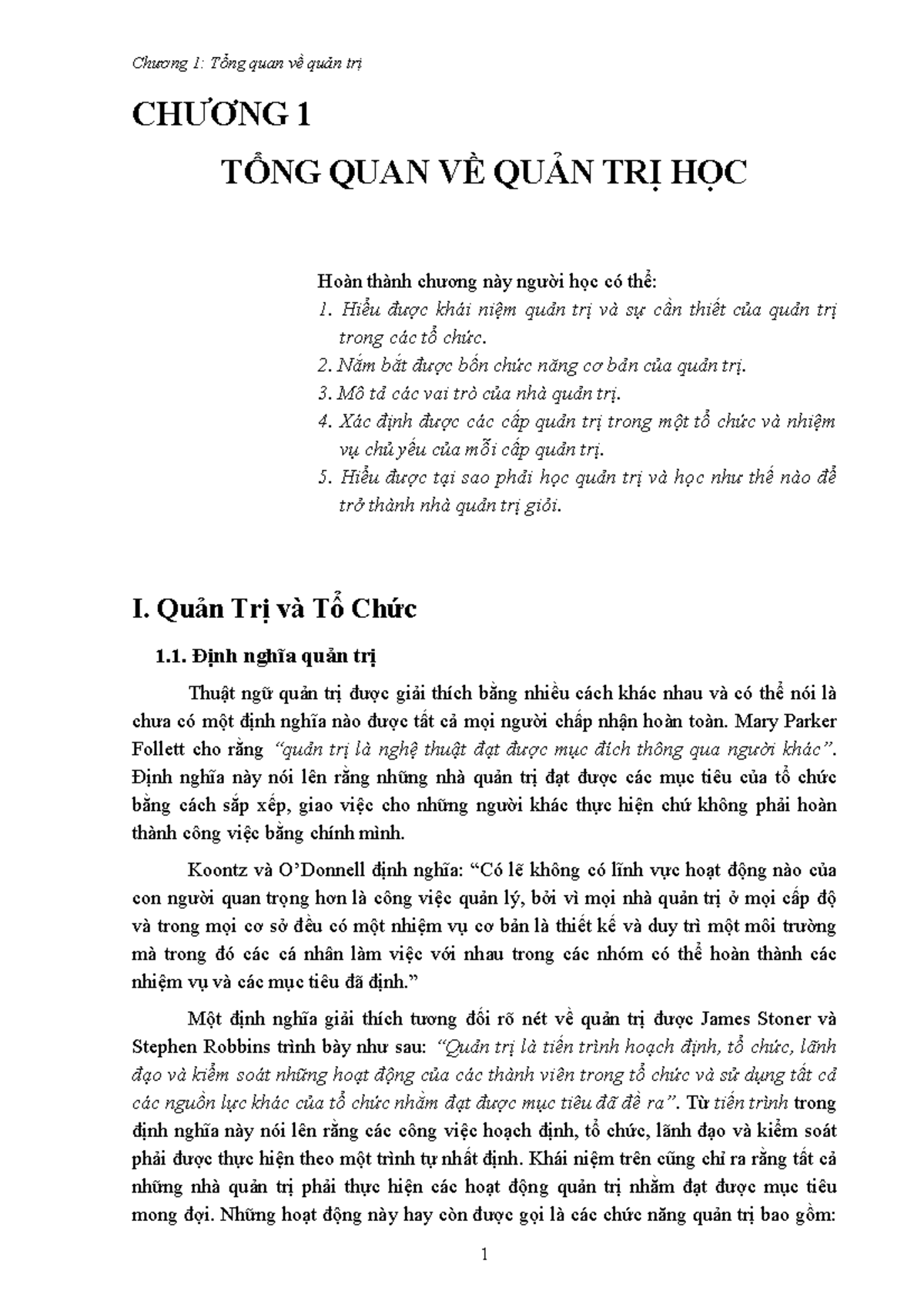 CHNG 1 TNG QUAN V QUN TR HC - CHѬƠNG 1 TӘNG QUAN Vӄ QUҦN TRӎ HӐC Hoàn thành chương này người học ...