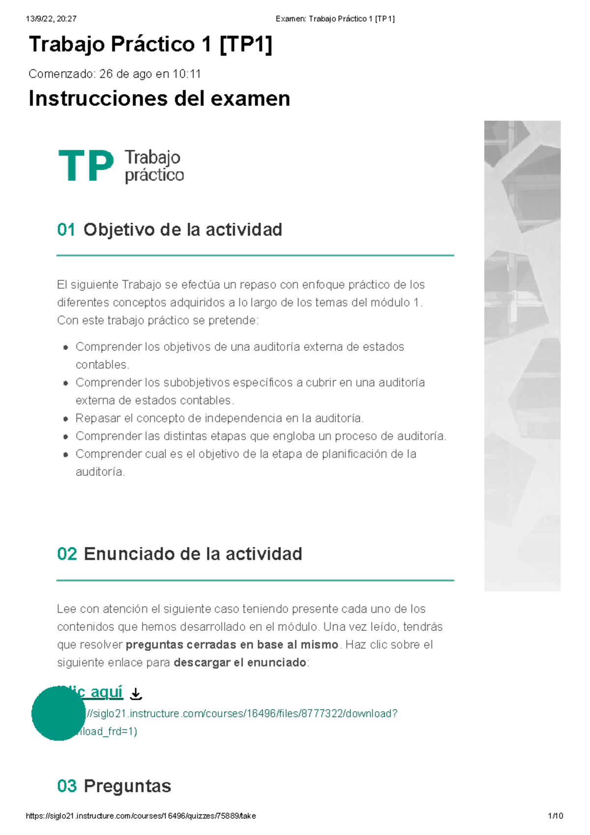 Auditoria TP 1 [TP1] 90% 2022 - Trabajo Práctico 1 [TP1] Comenzado: 26 de ago en 10 ...