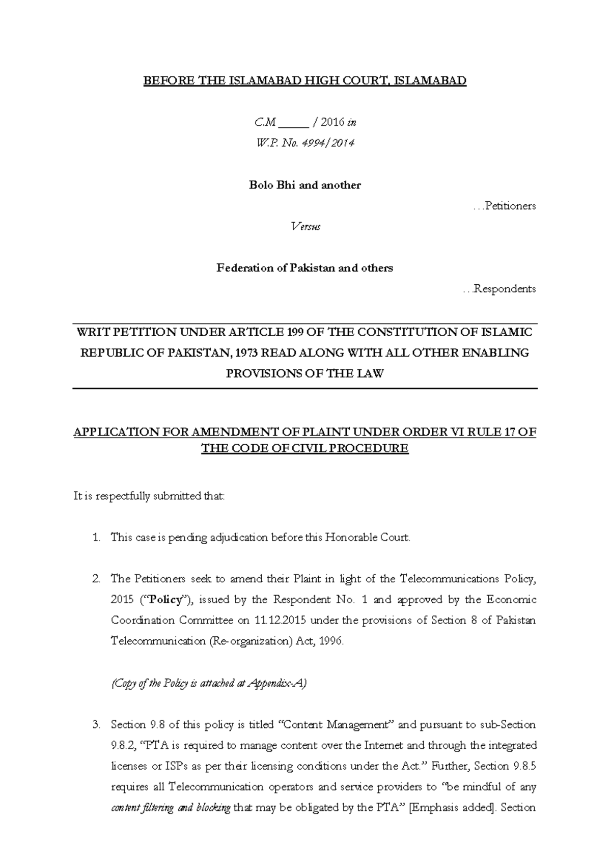 Bolo Bhi Application to Amend Plaint - BEFORE THE ISLAMABAD HIGH COURT ...