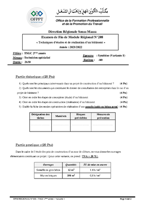 Examen Génie civil EFF - Office de la Formation Professionnelle et de la Promotion du Travail ...
