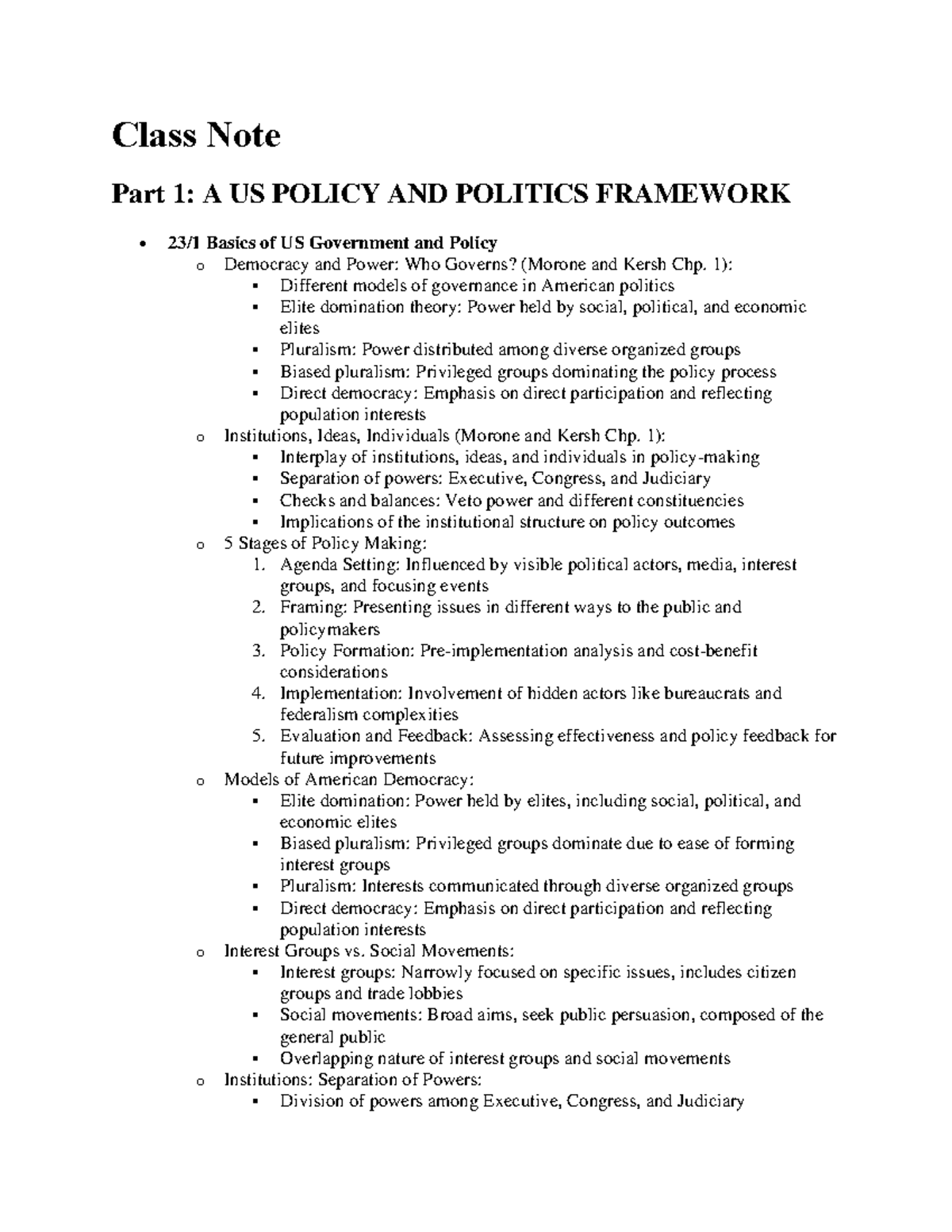 Midterm 1 notes - Class Note Part 1: A US POLICY AND POLITICS FRAMEWORK ...
