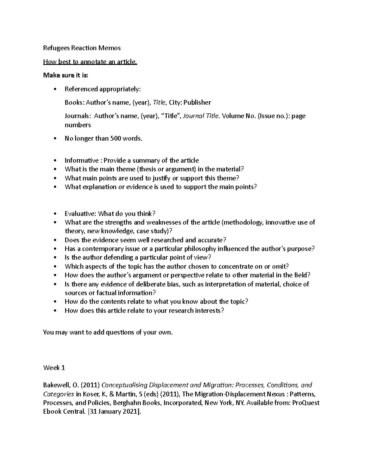 Reaction Memo Week 1 - Reading summary for week 1 - Refugees Reaction ...