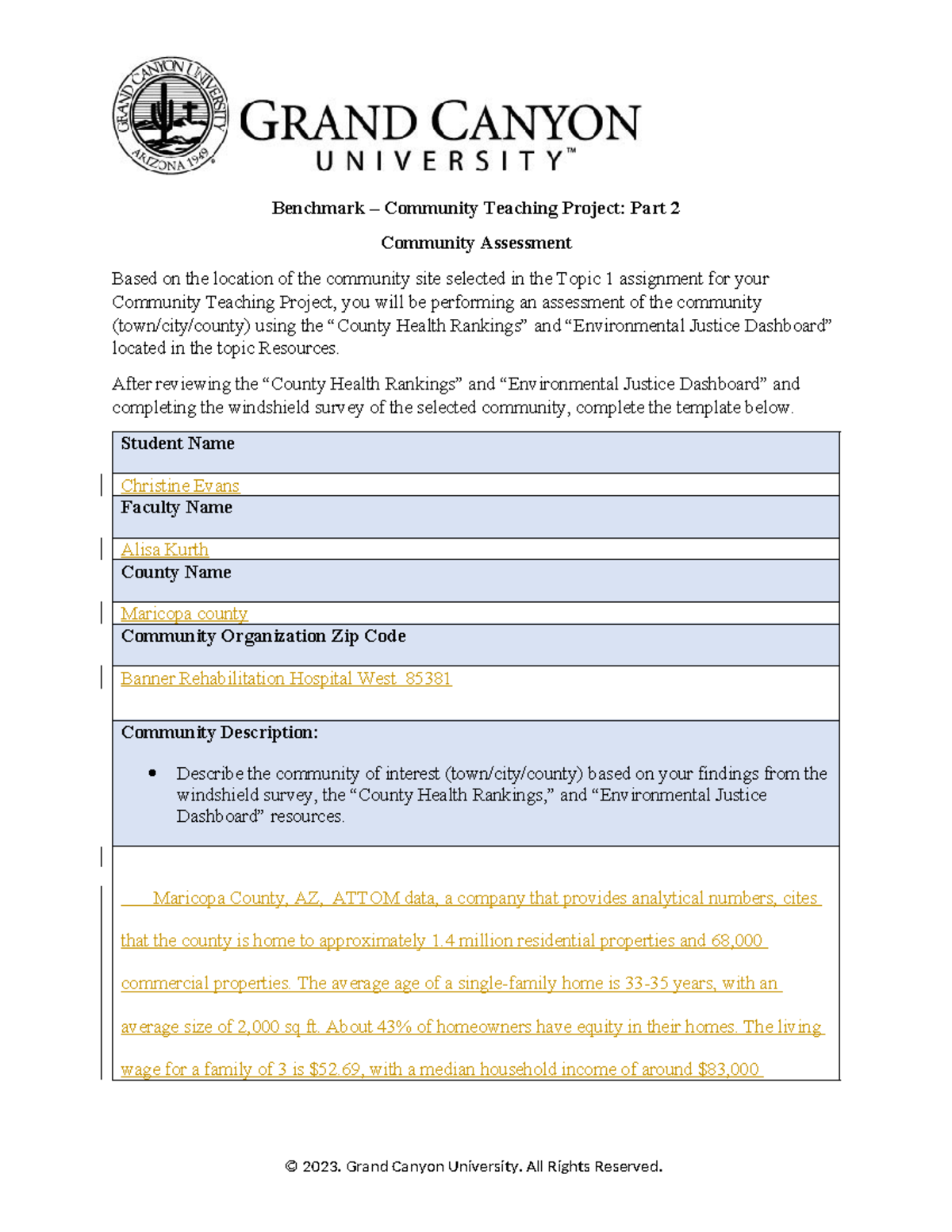 NRS 425 RS T2 Community Teaching Project Part 2 - Benchmark – Community ...