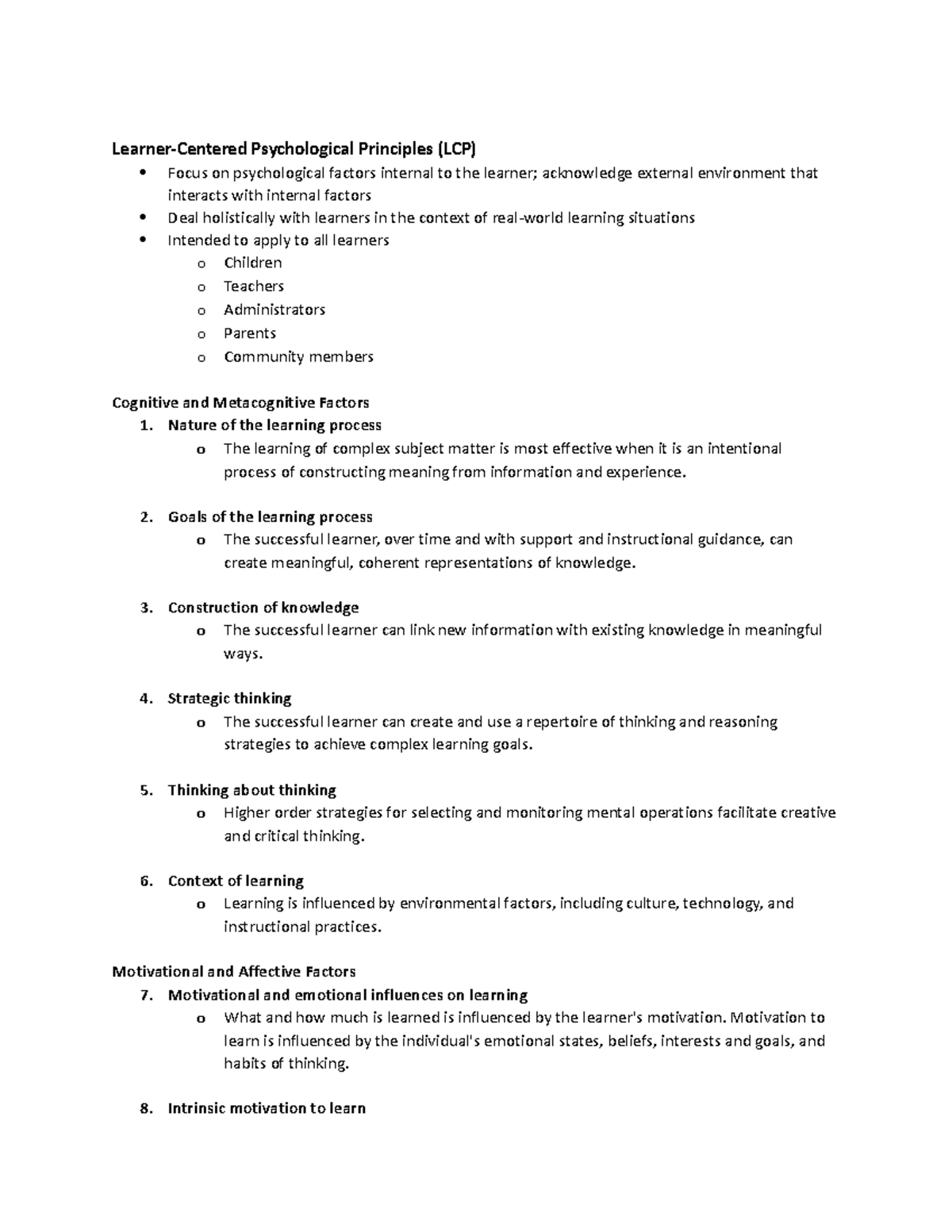 Learner-Centered Psychological Principles (LCP) Summary - Learner ...