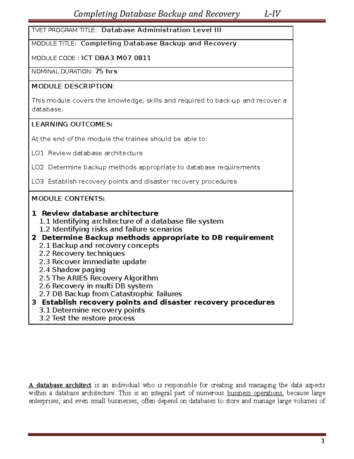 Completing Database Backup and Recovery 2 - TVET PROGRAM TITLE ...