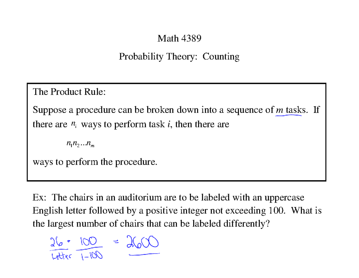 Math4389 Day19 Probability Part1Final - Math 4389 Probability Theory: Counting The Product Rule ...