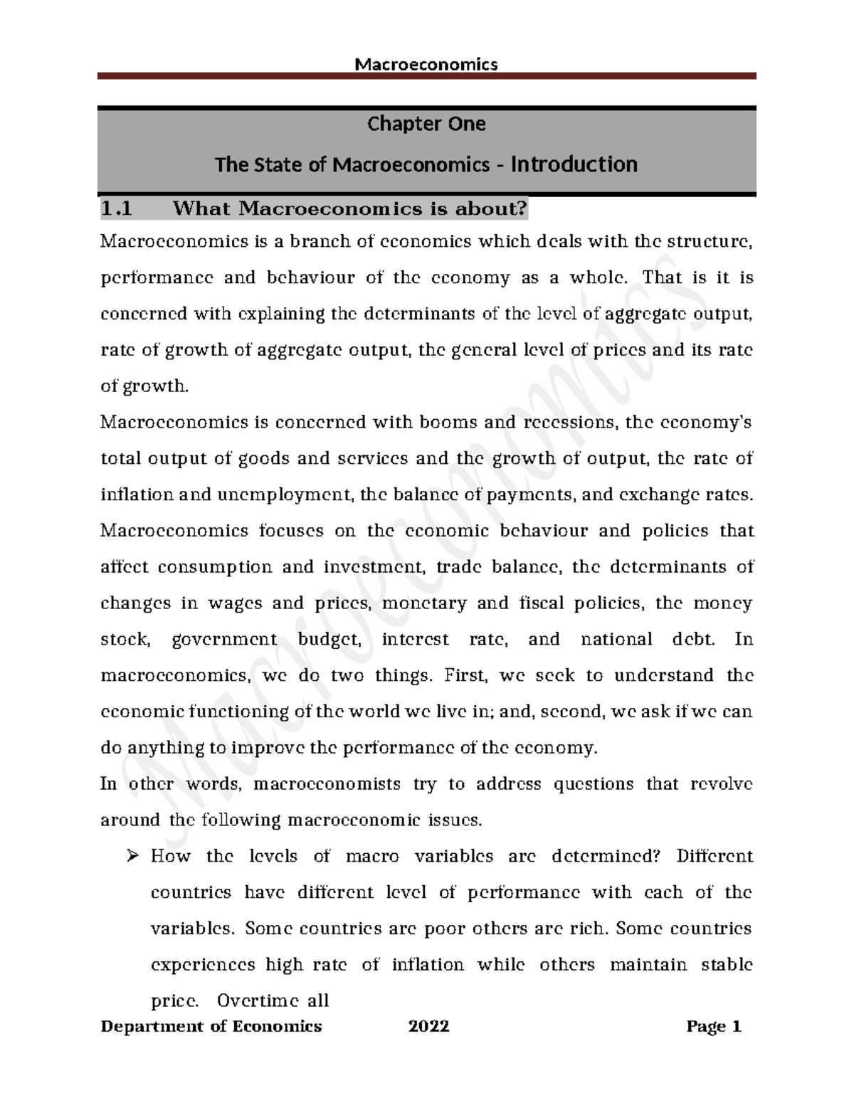 Macro CH-One handout Assignment - Chapter One The State of Macroeconomics – Introduction 1 What ...