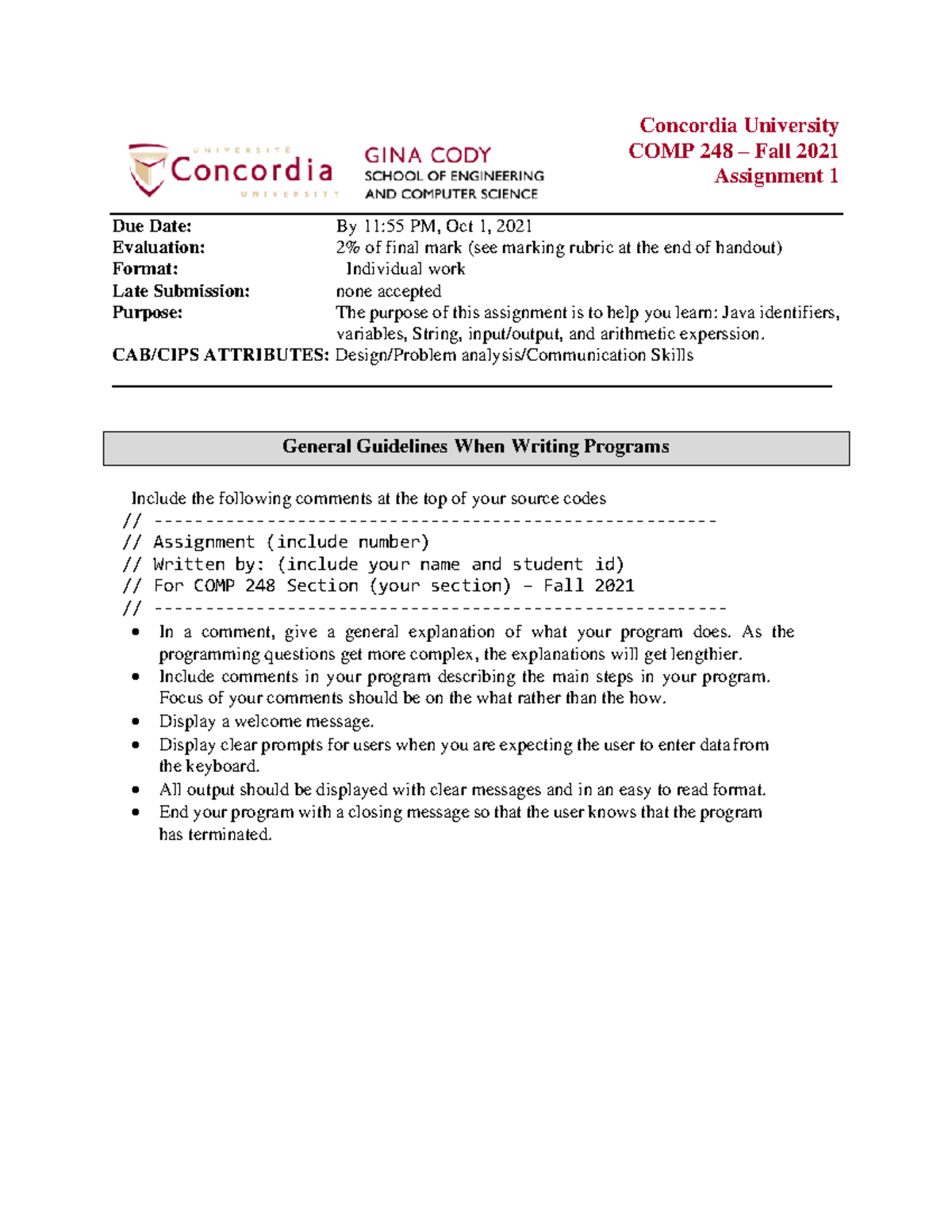 assignment for integer, double, scanner in java - Concordia University ...