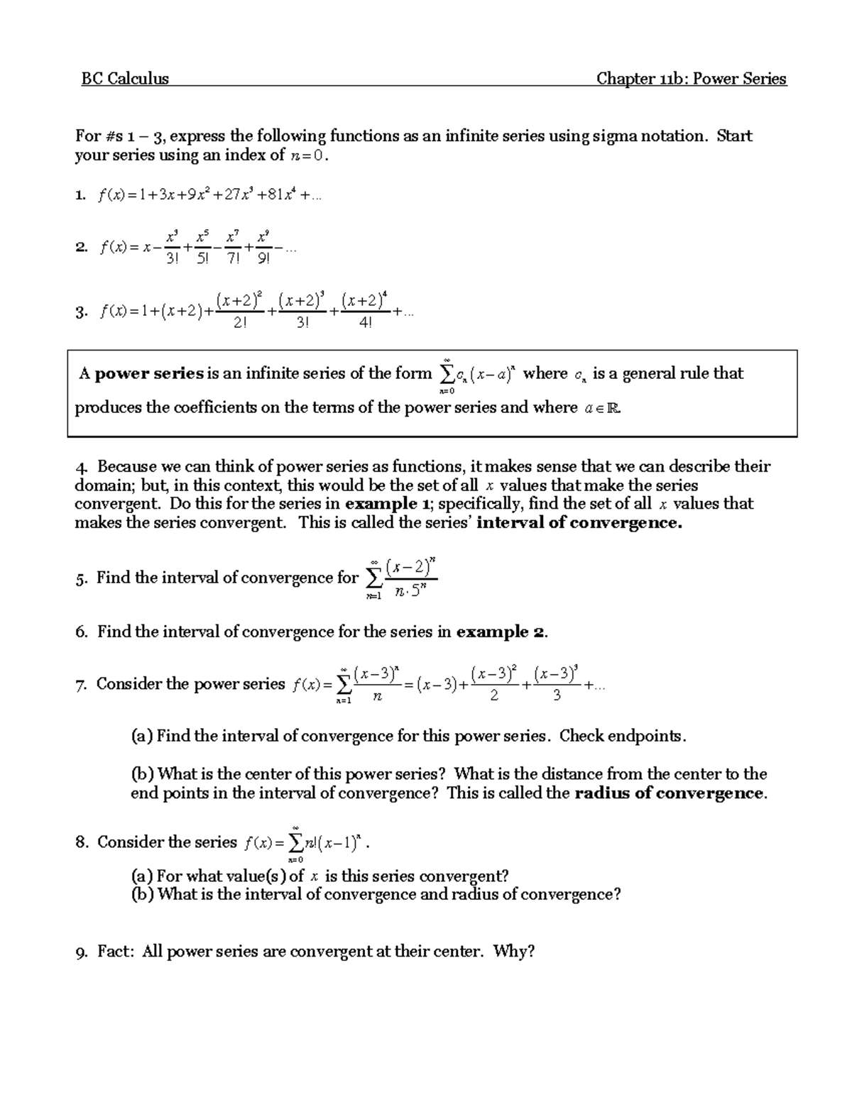 1-Power Series - class - BC Calculus Chapter 11b: Power Series For #s 1 ...