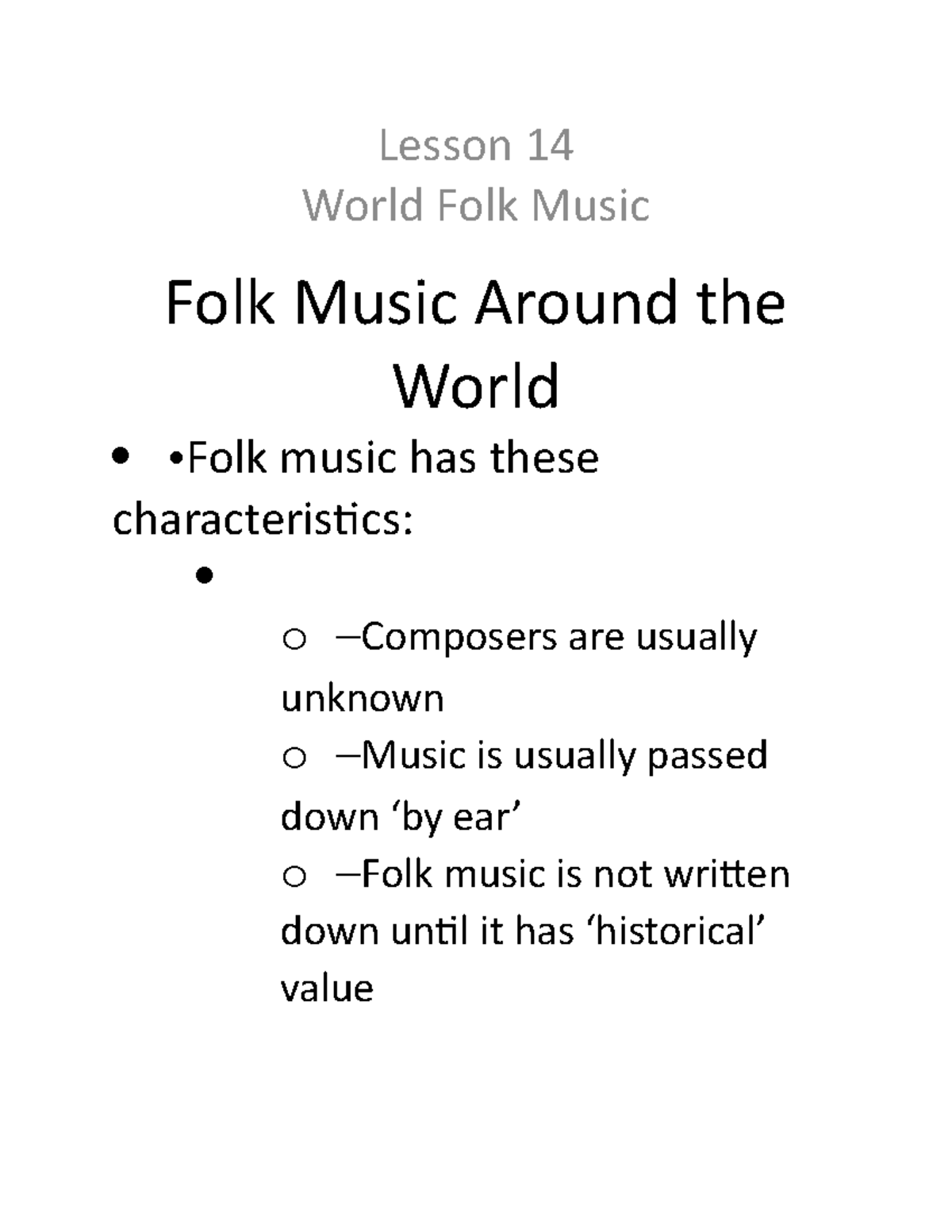 Lesson 14 music - dr sam Baltzer - Lesson 14 World Folk Music Folk ...