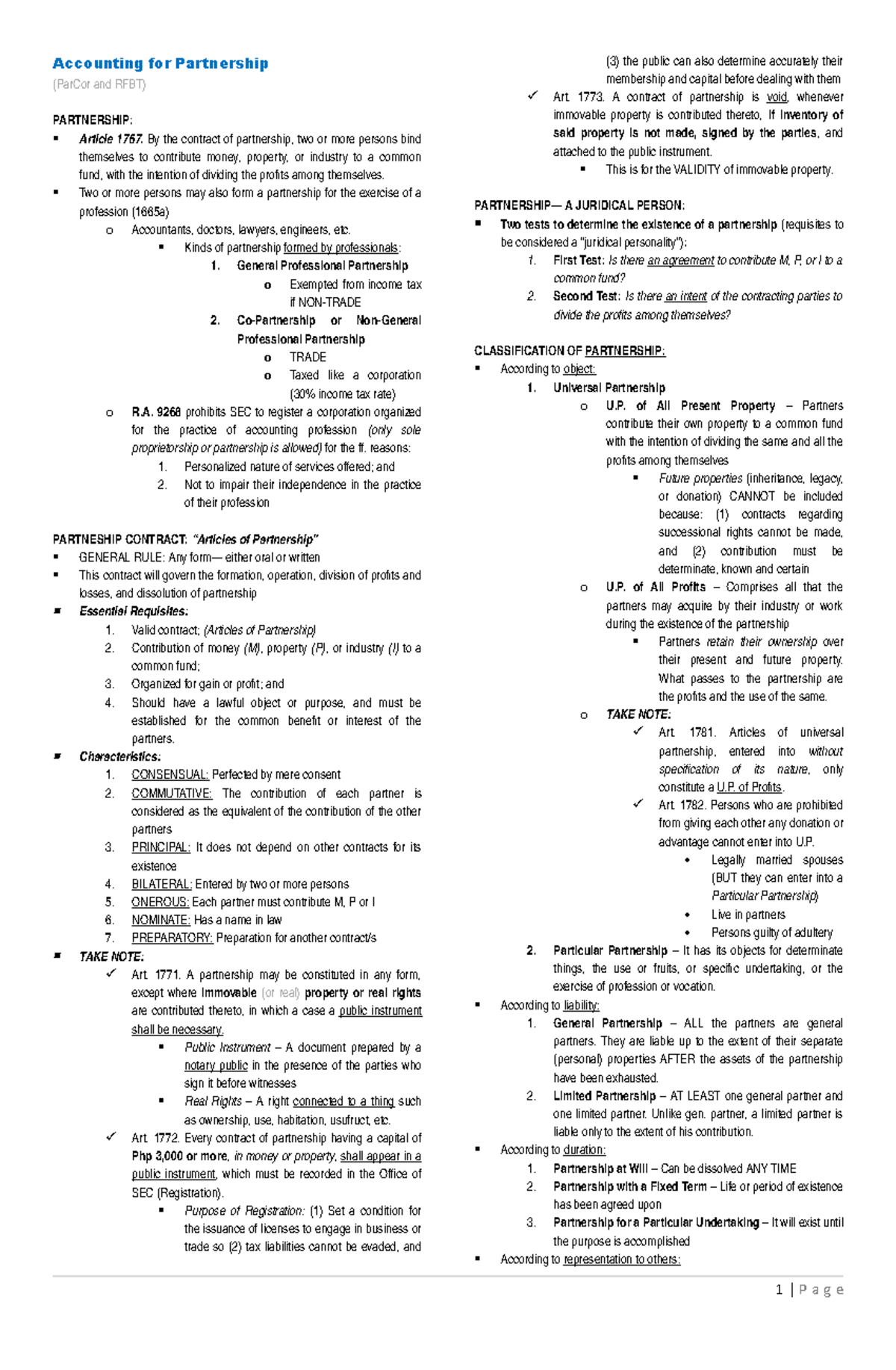Accounting for Partnership - Accounting for Partnership (ParCor and RFBT) PARTNERSHIP: Article ...