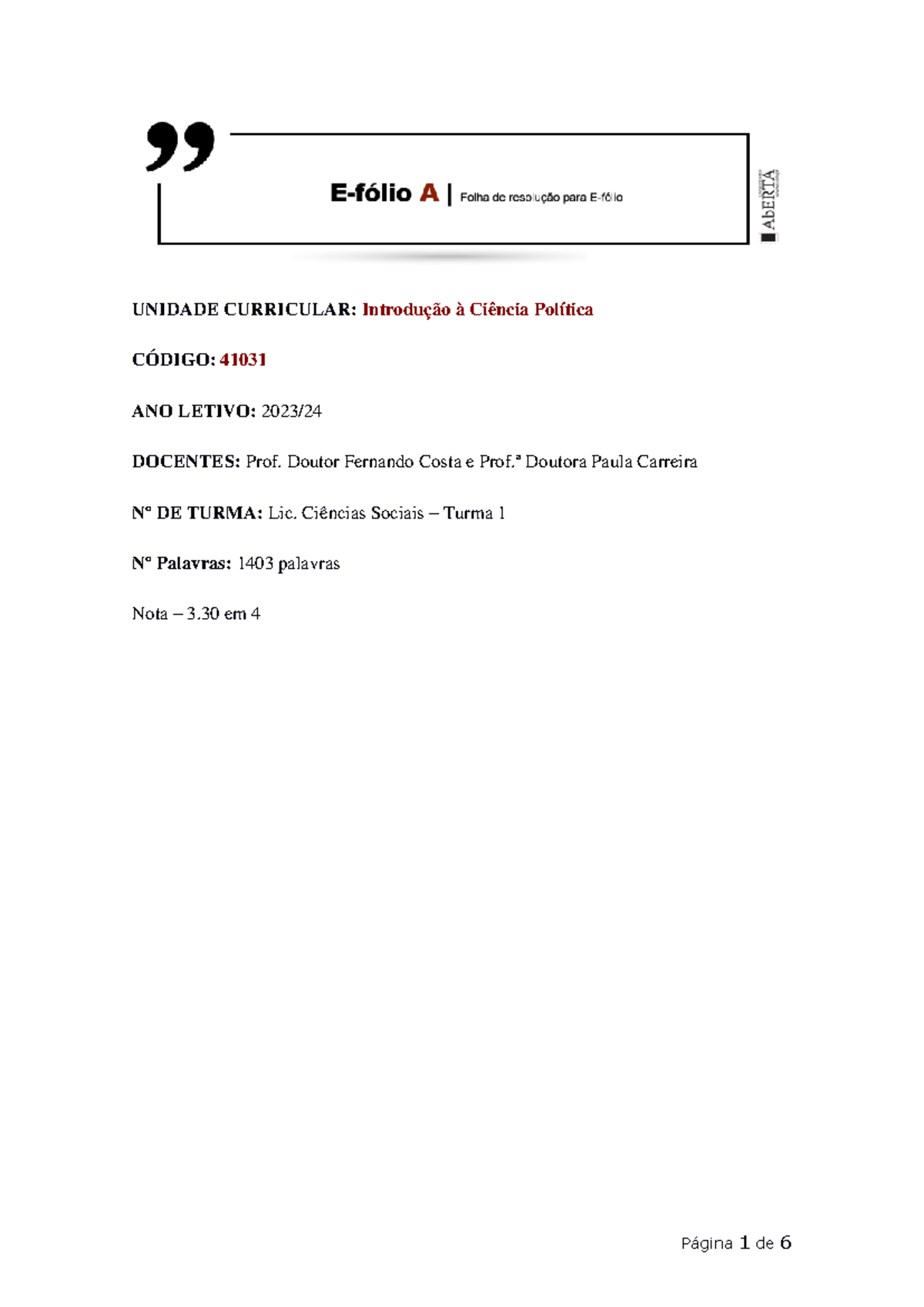 ICP Folha resolução efolio A Nota 3 - UNIDADE CURRICULAR: Introdução à ...