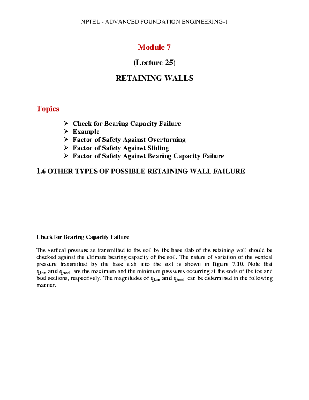 Retaining wall 2 - reatining wall notes - Module 7 (Lecture 2 5 ...