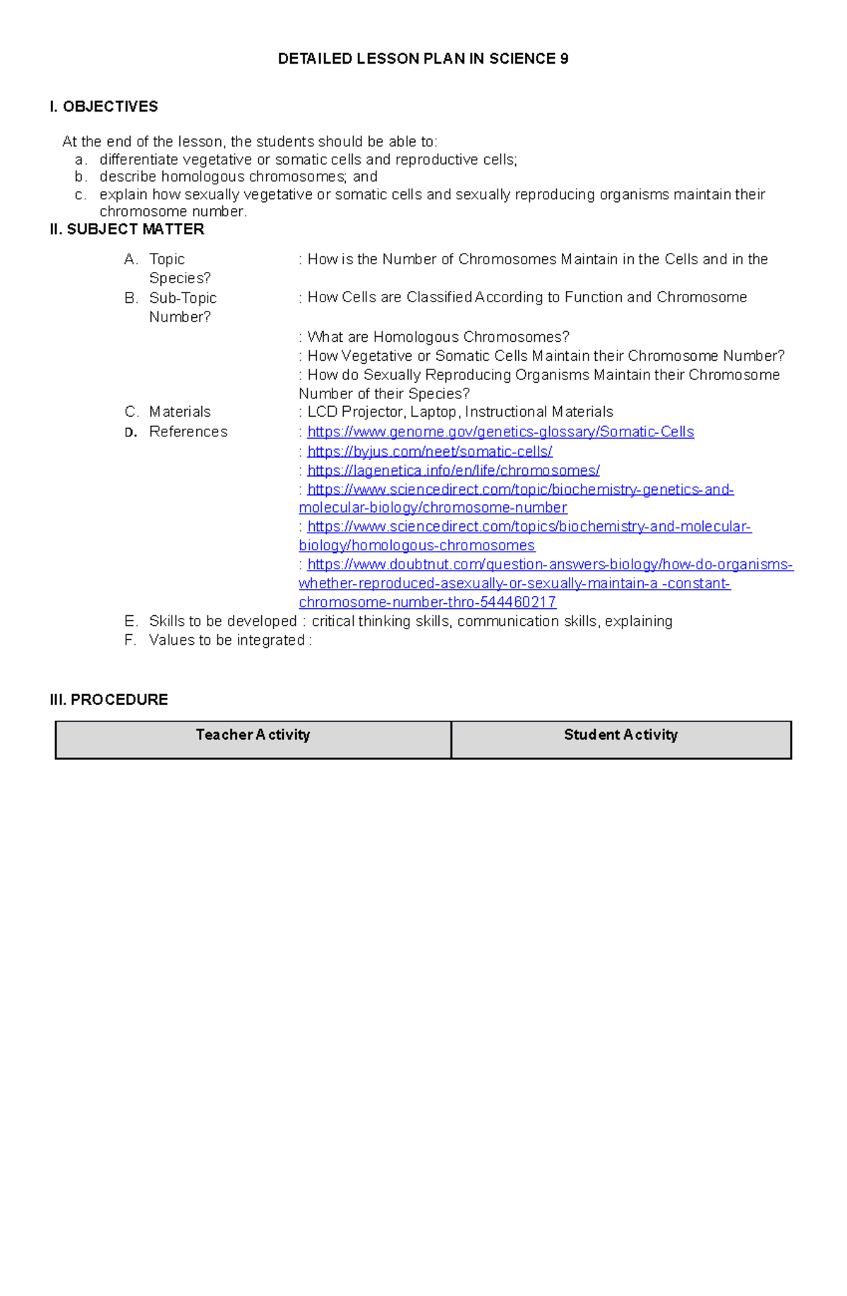Chromosomes Lesson Plan - DETAILED LESSON PLAN IN SCIENCE 9 I ...
