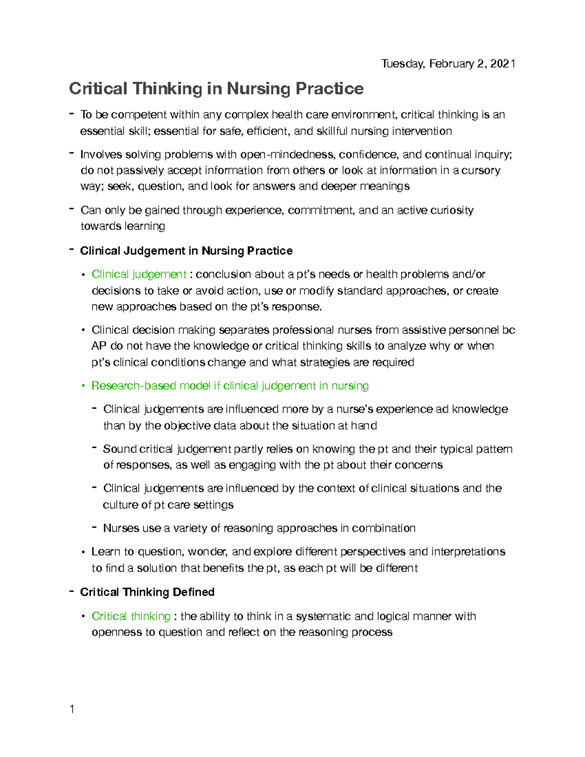 Critical Thinking in Nursing Practice - Studocu