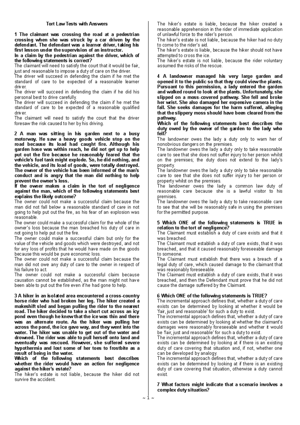 Tort Law Tests with Answers - The defendant was a learner driver ...