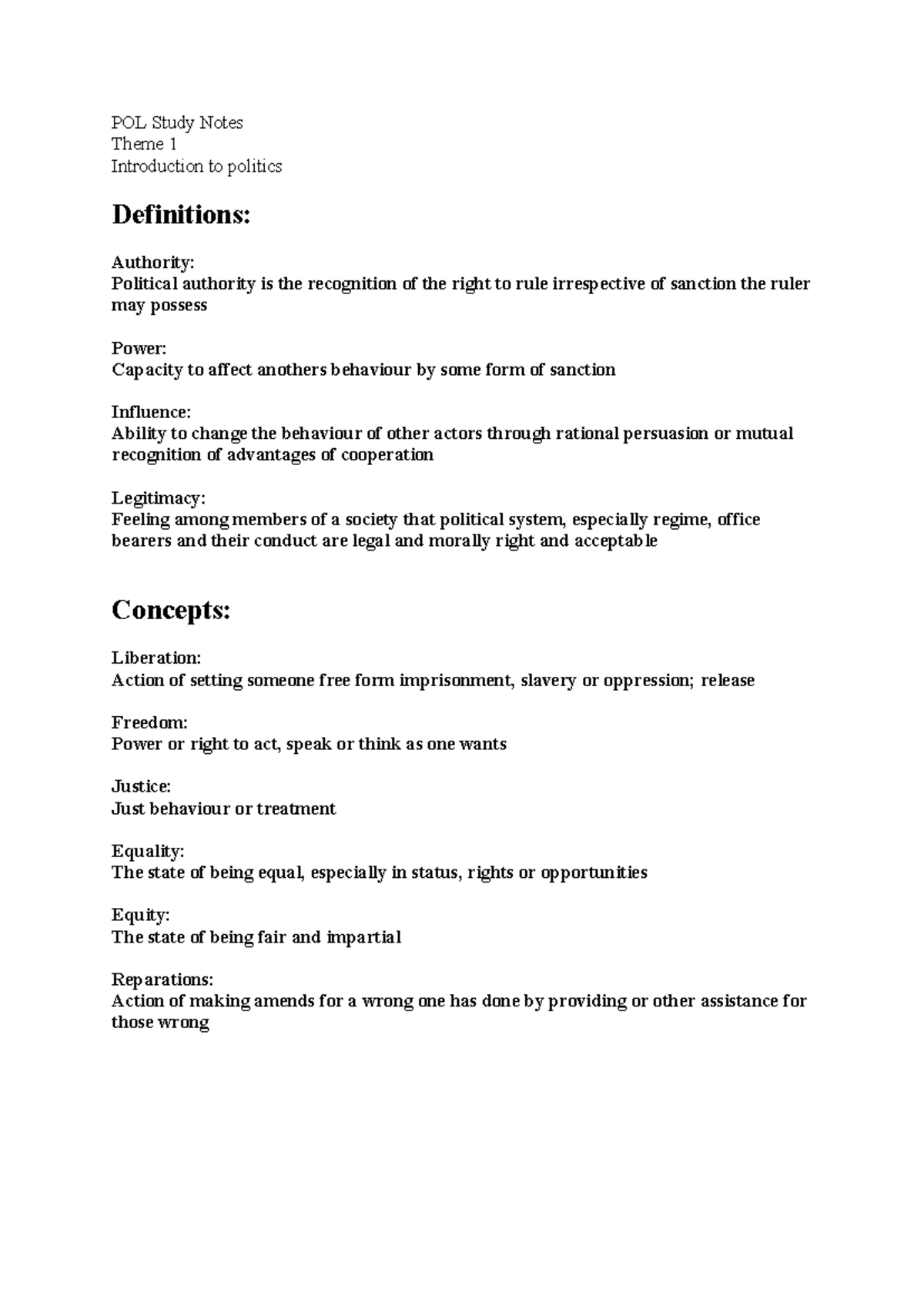 POL; Theme 1 - First Year notes - POL Study Notes Theme 1 Introduction ...