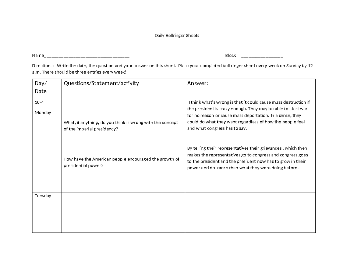 Daily Bellringer Sheets 2 - Daily Bellringer Sheets Name