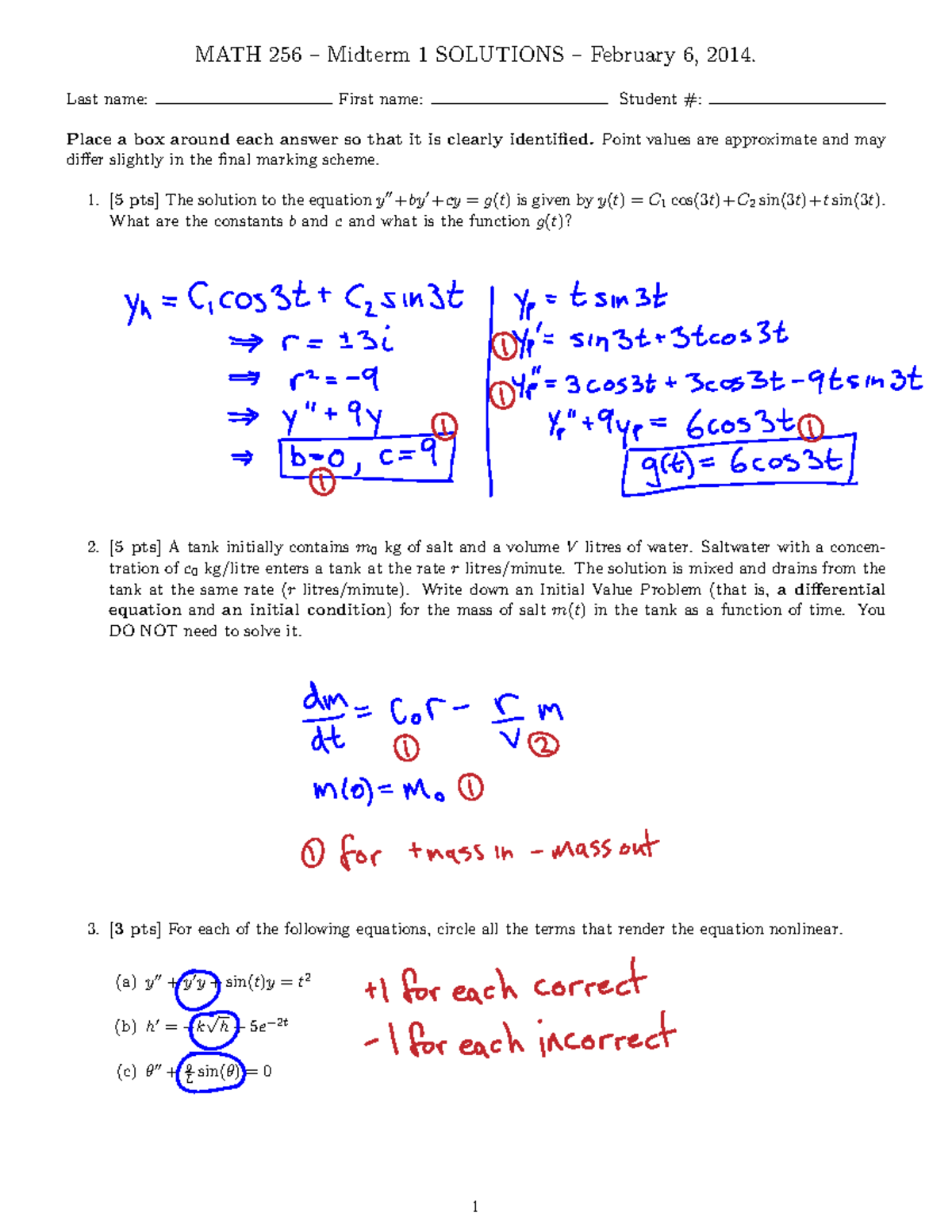 2013 W2Midterm 1Soln - Midterm 1 - MATH 256 – Midterm 1 SOLUTIONS – February 6, 2014. Last name ...