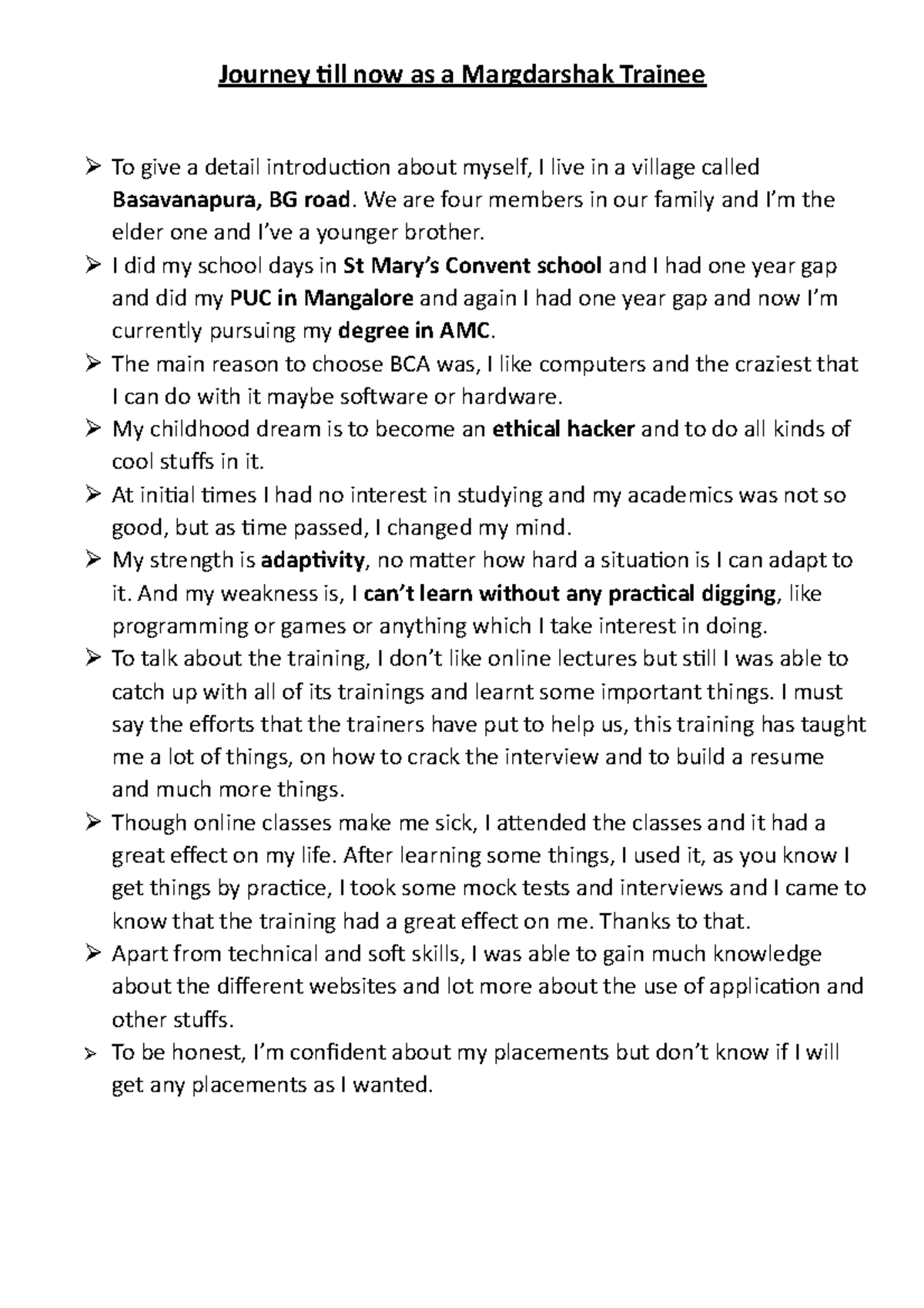 Journey of a trainee in placement training online course feedback ...