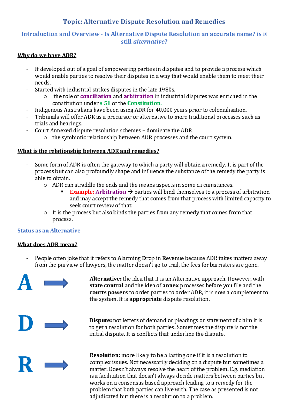 Comprehensive lecture notes on ADR - Topic: Alternative Dispute ...