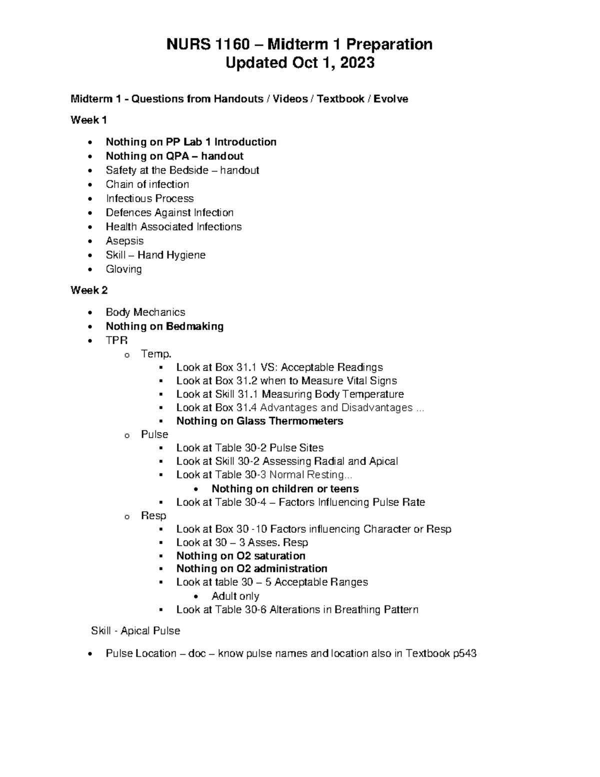 Midterm 1 - Topics - NURS 1160 – Midterm 1 Preparation Updated Oct 1, 202 3 Midterm 1 ...