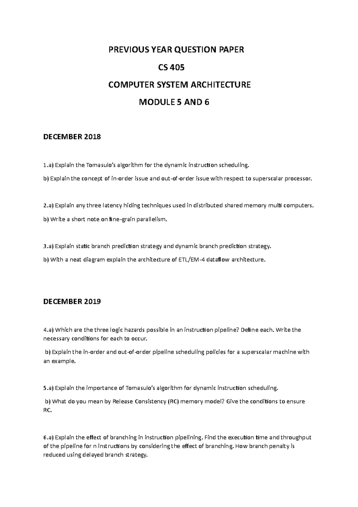 Previous YEAR QP CSA M5 M6 - PREVIOUS YEAR QUESTION PAPER CS 405 COMPUTER SYSTEM ARCHITECTURE ...