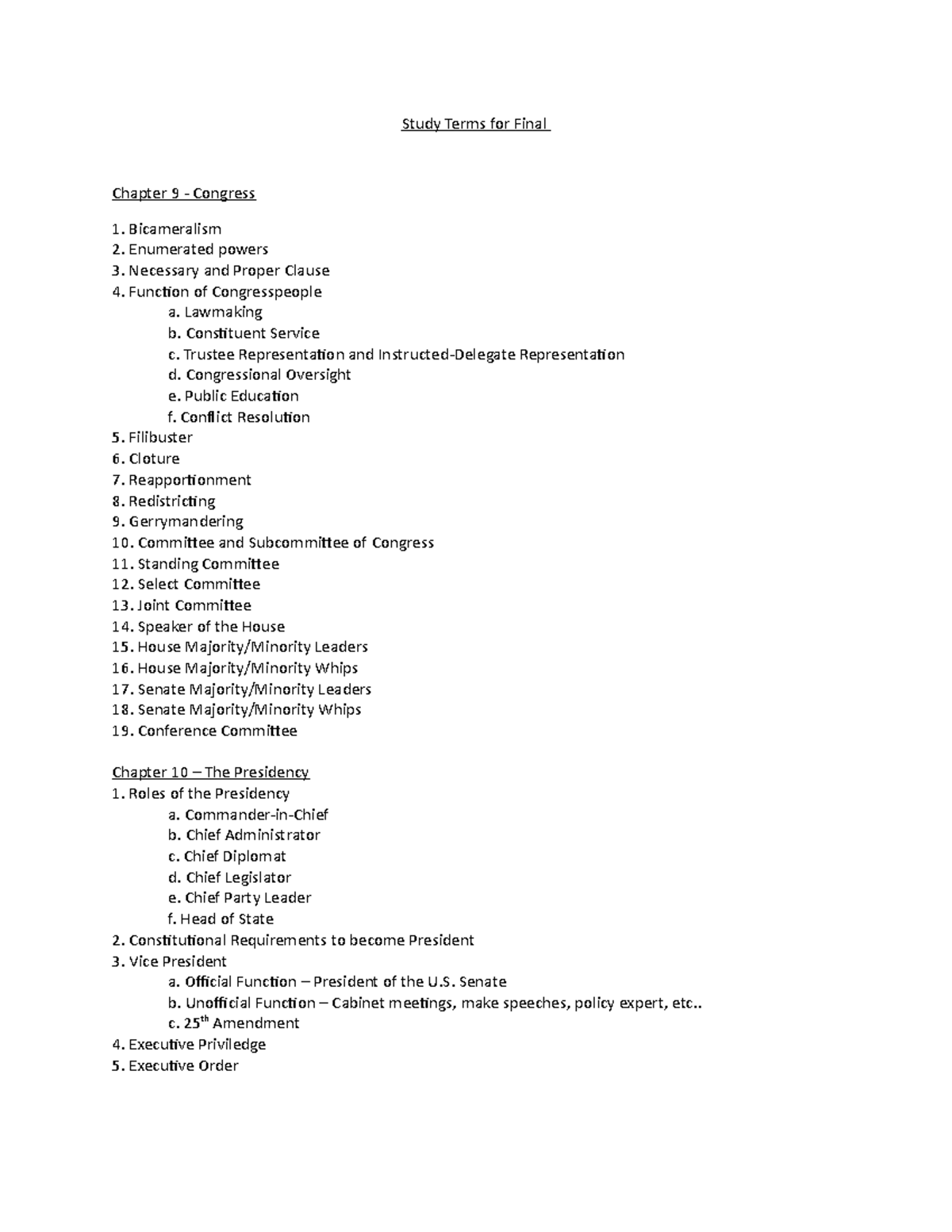 Study Terms for Final - Study Terms for Final Chapter 9 - Congress ...