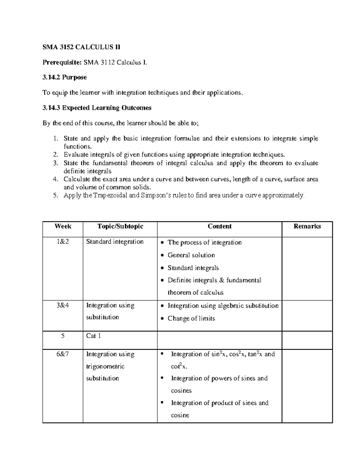 Calculus 2 course outline 230117 070819 - SMA 3152 CALCULUS II ...