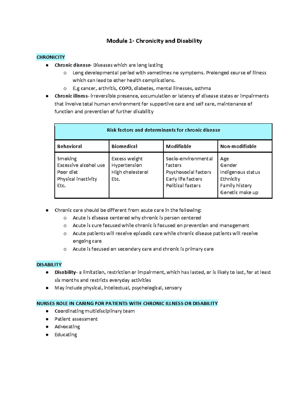 Hv2 - notes - Module 1- Chronicity and Disability CHRONICITY Chronic ...