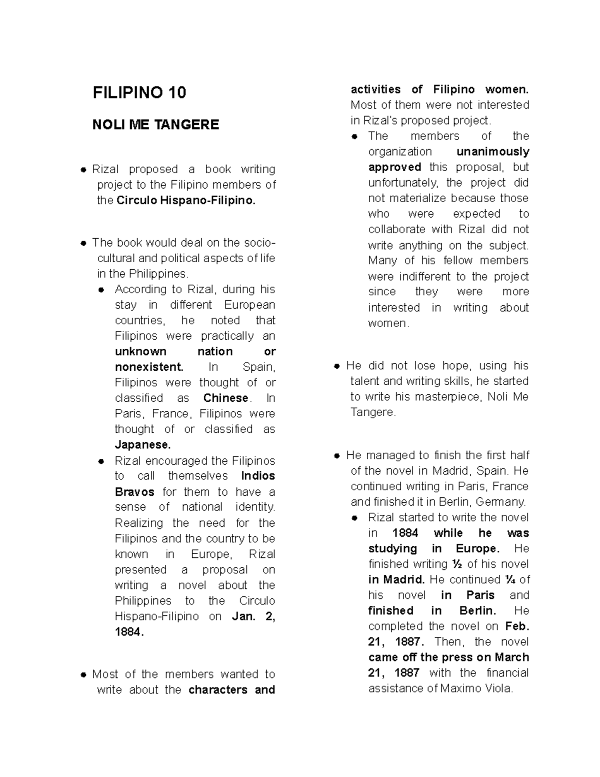 Filipino - Notes in your class - FILIPINO 10 NOLI ME TANGERE Rizal ...