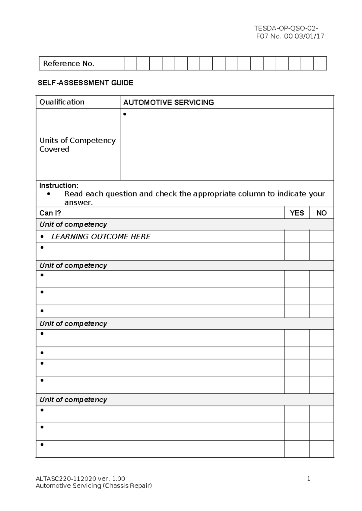 SAG Automotive Servicing template - TESDA-OP-QSO-02- F07 No. 00 03/01 ...
