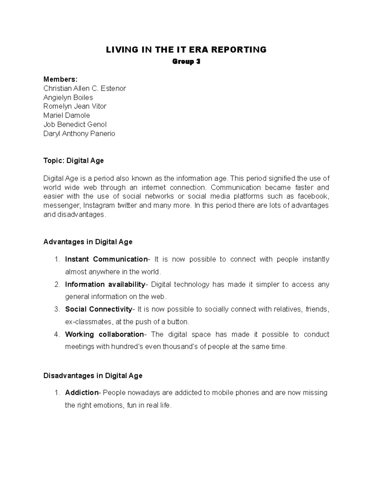 Living IN THE IT ERA Reporting - LIVING IN THE IT ERA REPORTING Group 3 ...