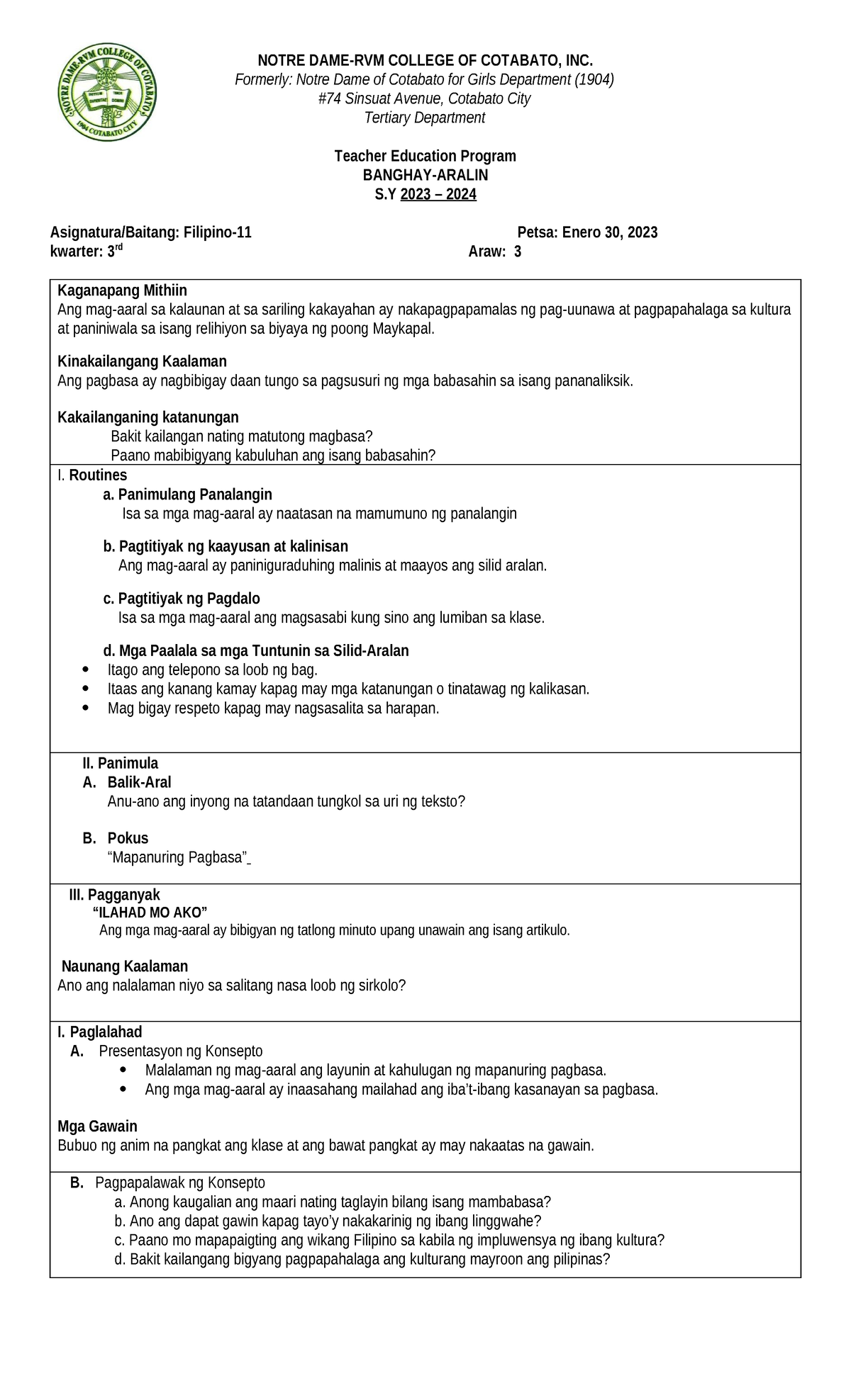 Mapanuring pagbasa LP - lesson plan - NOTRE DAME-RVM COLLEGE OF ...