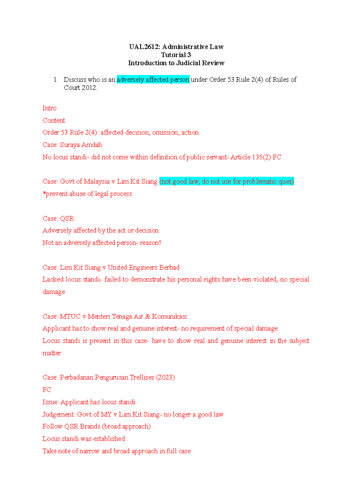 Tutorial 3 UAL2612 2230 - UAL2612: Administrative Law Tutorial 3 ...