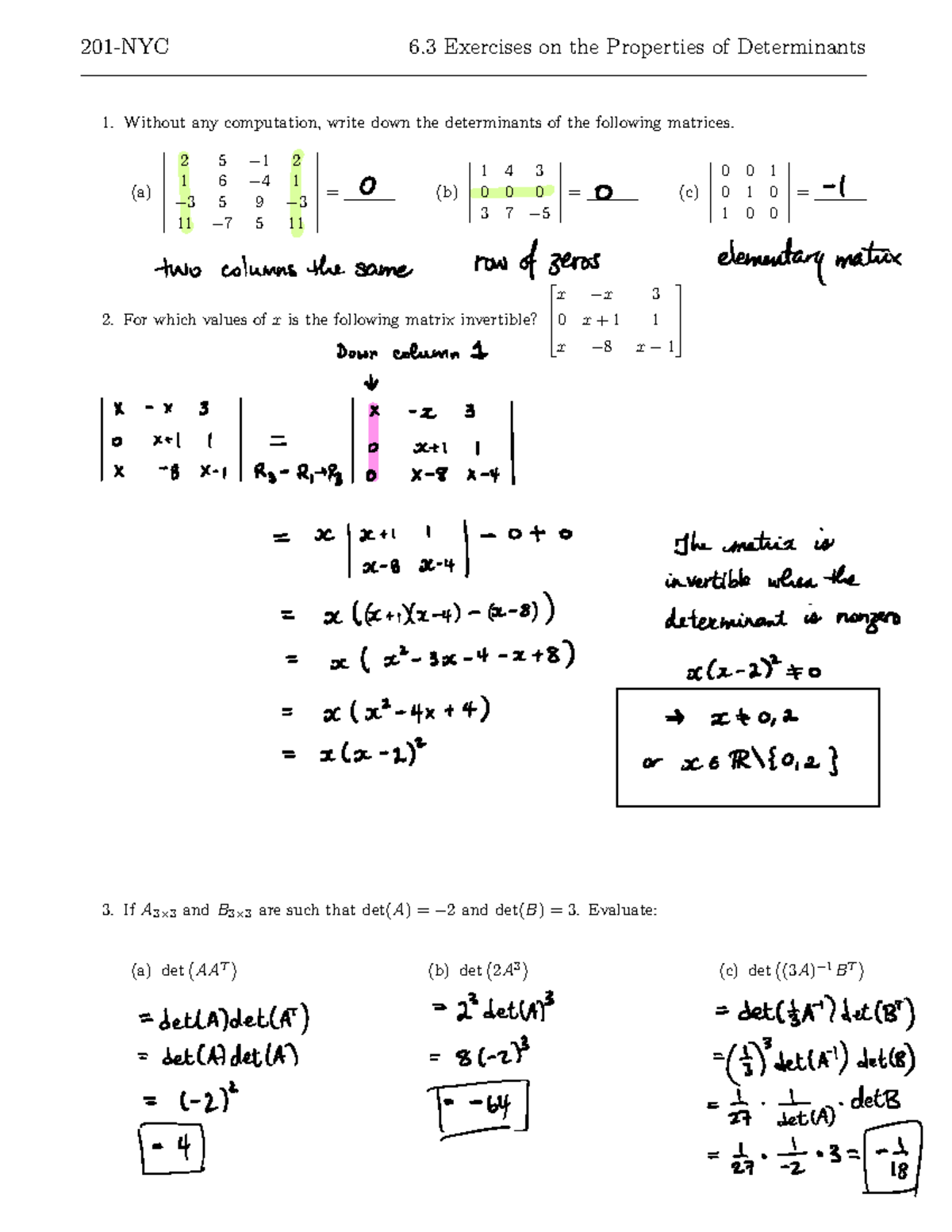 6 - Solutions - 201-NYC 6 Exercises on the Properties of Determinants 1 ...