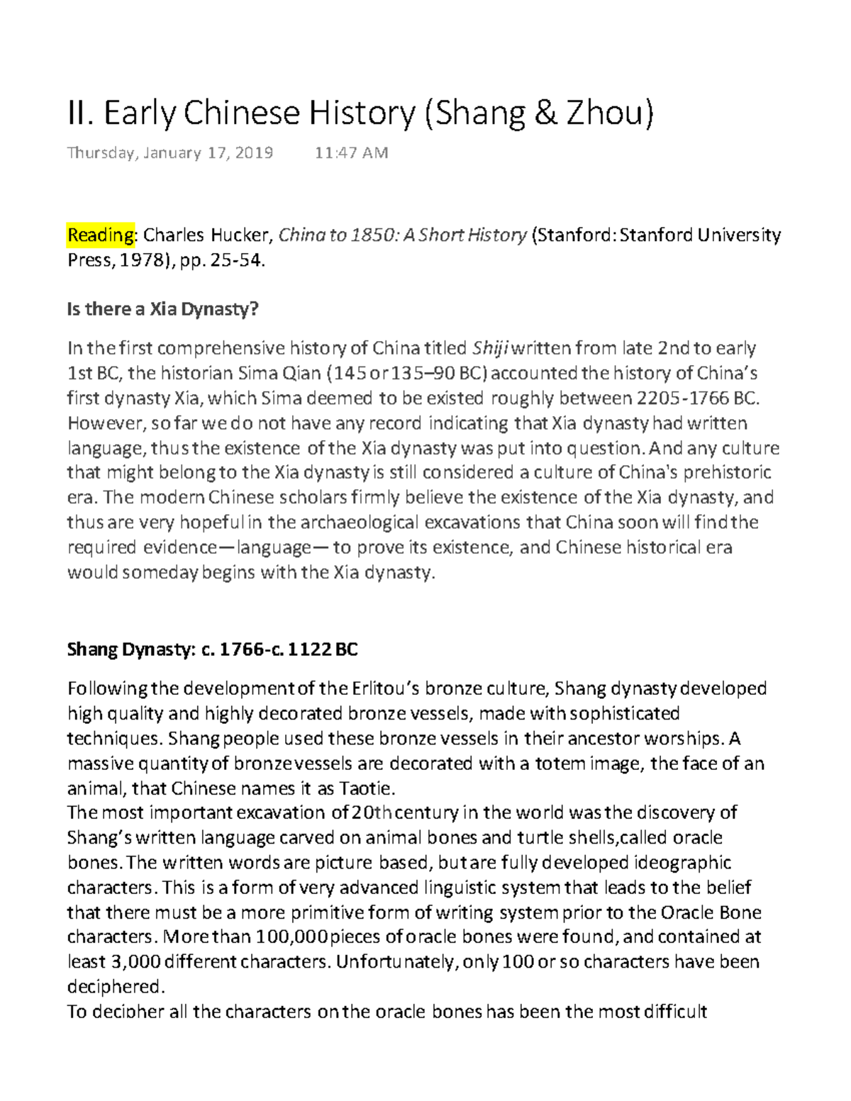 II. Early Chinese History (Shang & Zhou) - Reading: Charles Hucker ...