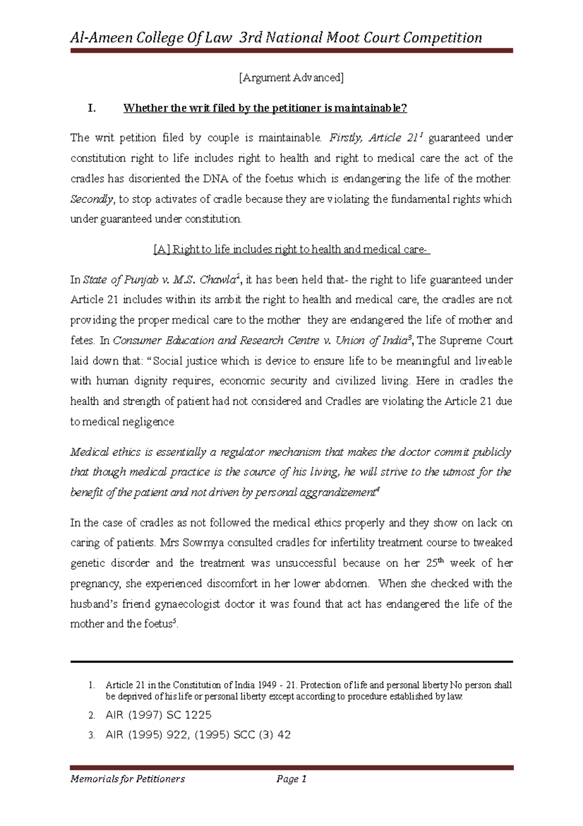 Argument Advanced (Petitioners)2 - Al-Ameen College Of Law 3rd National ...