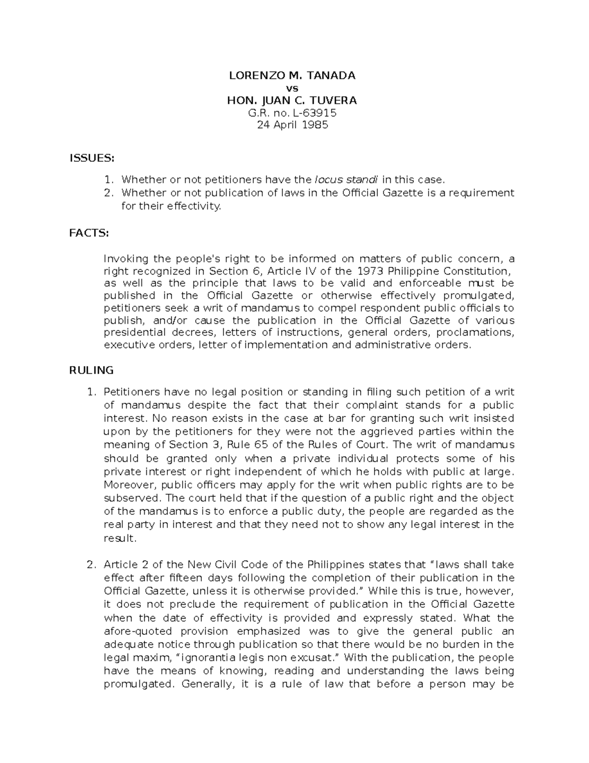 1 Tanada vs Tuvera - Case Digest - LORENZO M. TANADA vs HON. JUAN C ...