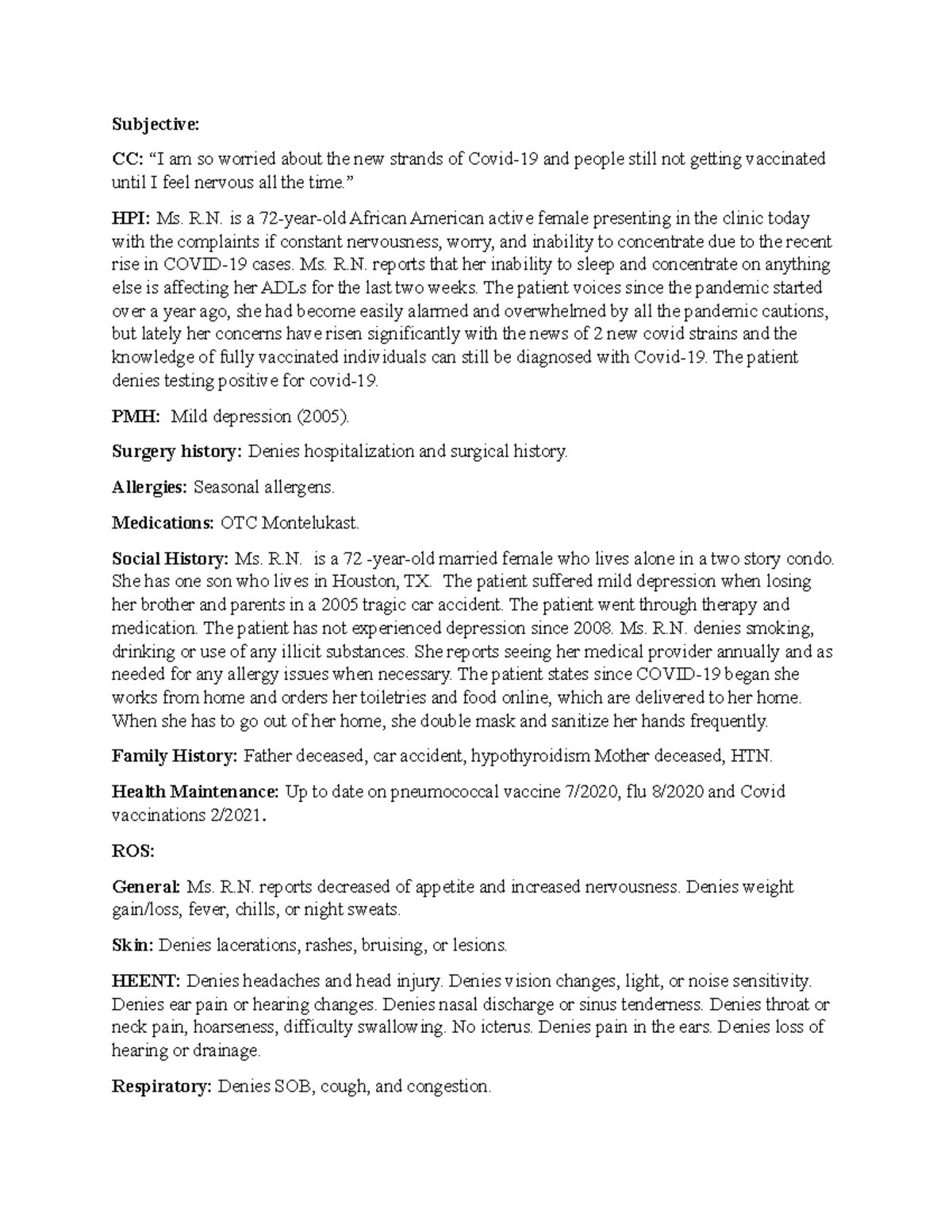 NU 627 Unit 13 Soap Note - geri - Subjective: CC: “I am so worried ...