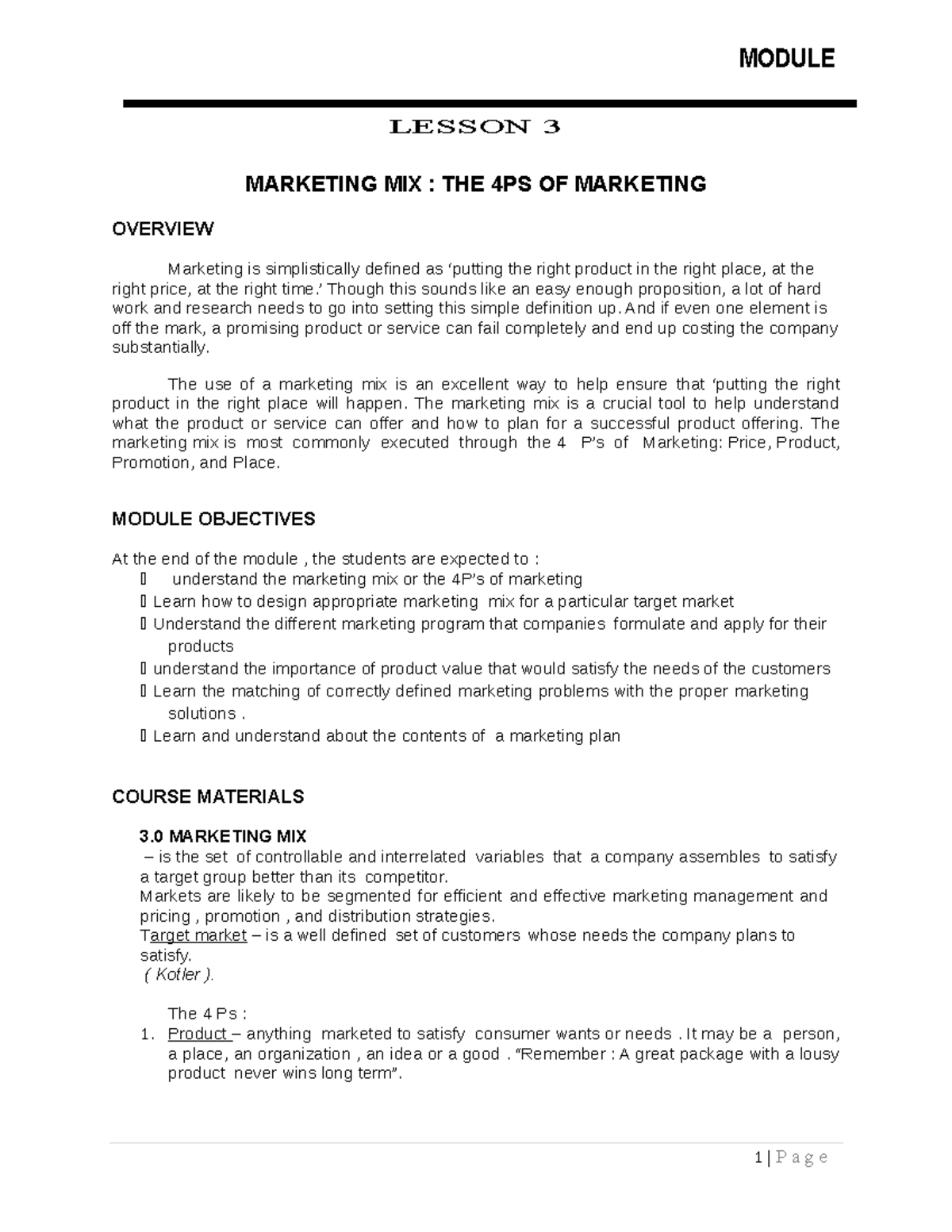 IMS Lesson 3 Marketing MIX - MODULE 1 | P a g e LESSON 3 MARKETING MIX ...