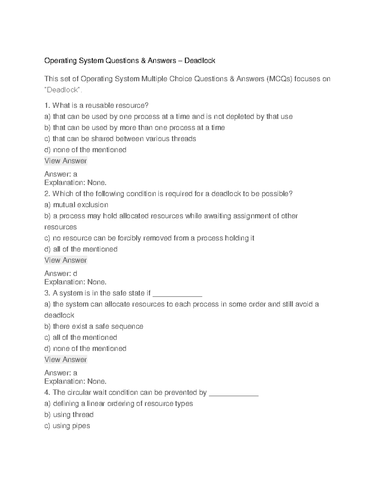 Os Set 5 Deadlock Mcqs On Operating System Operating System Questions And Answers Deadlock