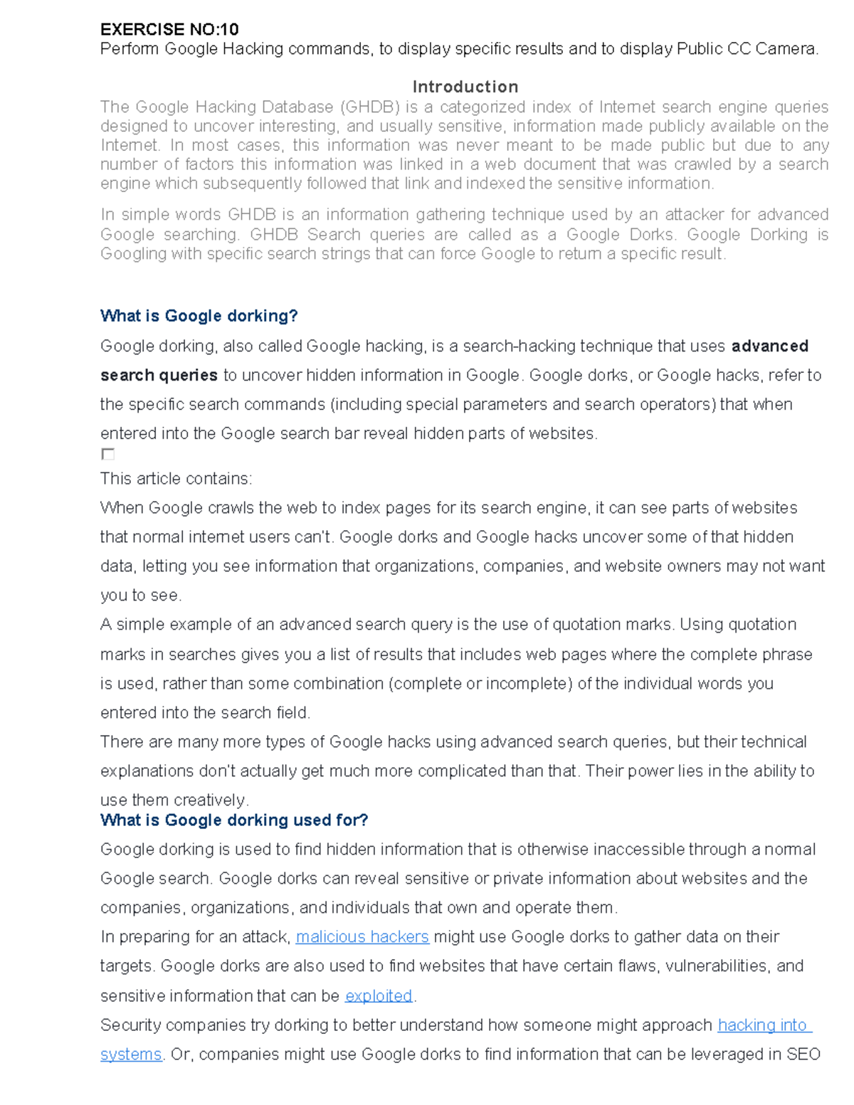 CS EXP-10TH - Assignments - EXERCISE NO: Perform Google Hacking commands, to display specific ...