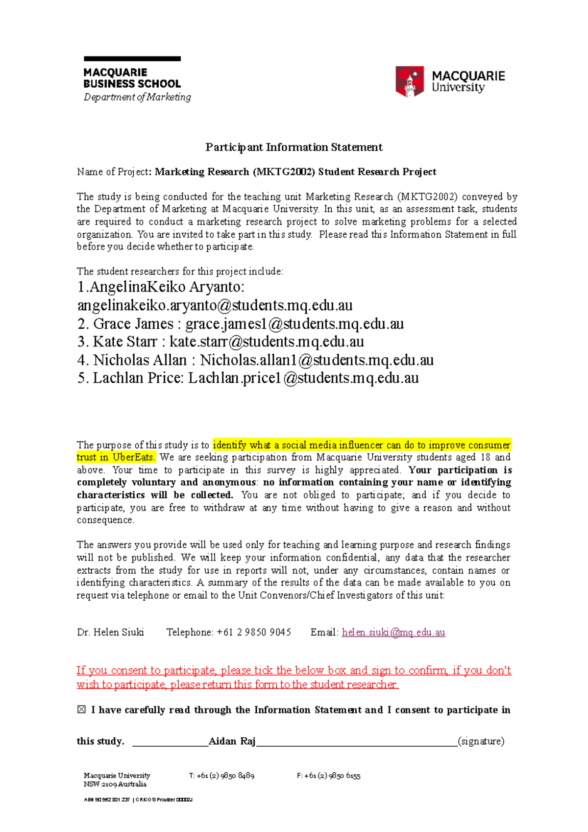 MKTG2002 Participant Information Statement (Consent Form)-2 - Department of Marketing ...